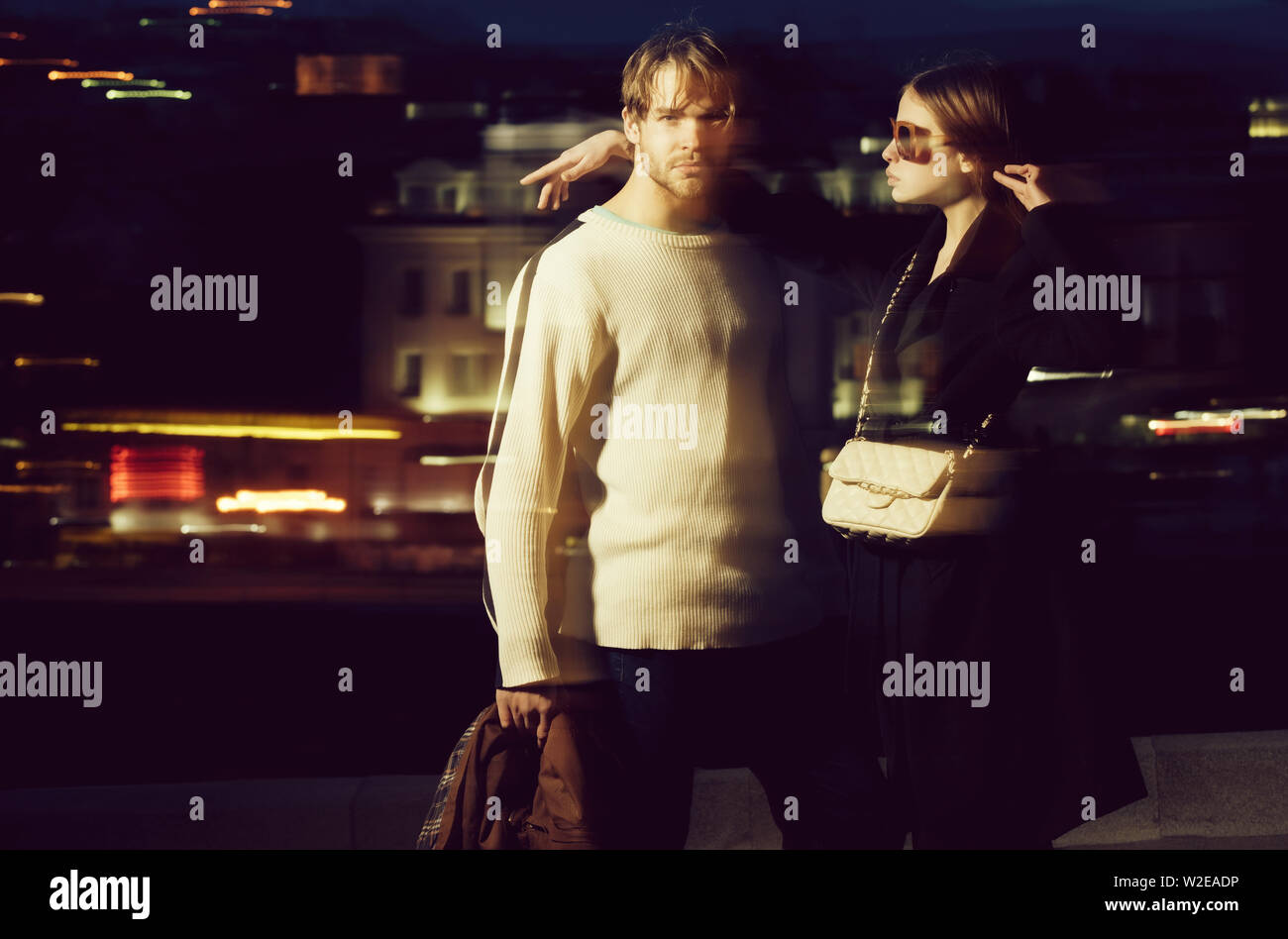 hallucination. couple of friends young man and girl in coat and ...