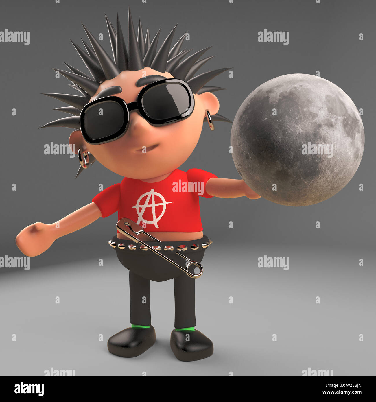 Lunatic punk rock cartoon character holding the Moon in his hand, 3d ...