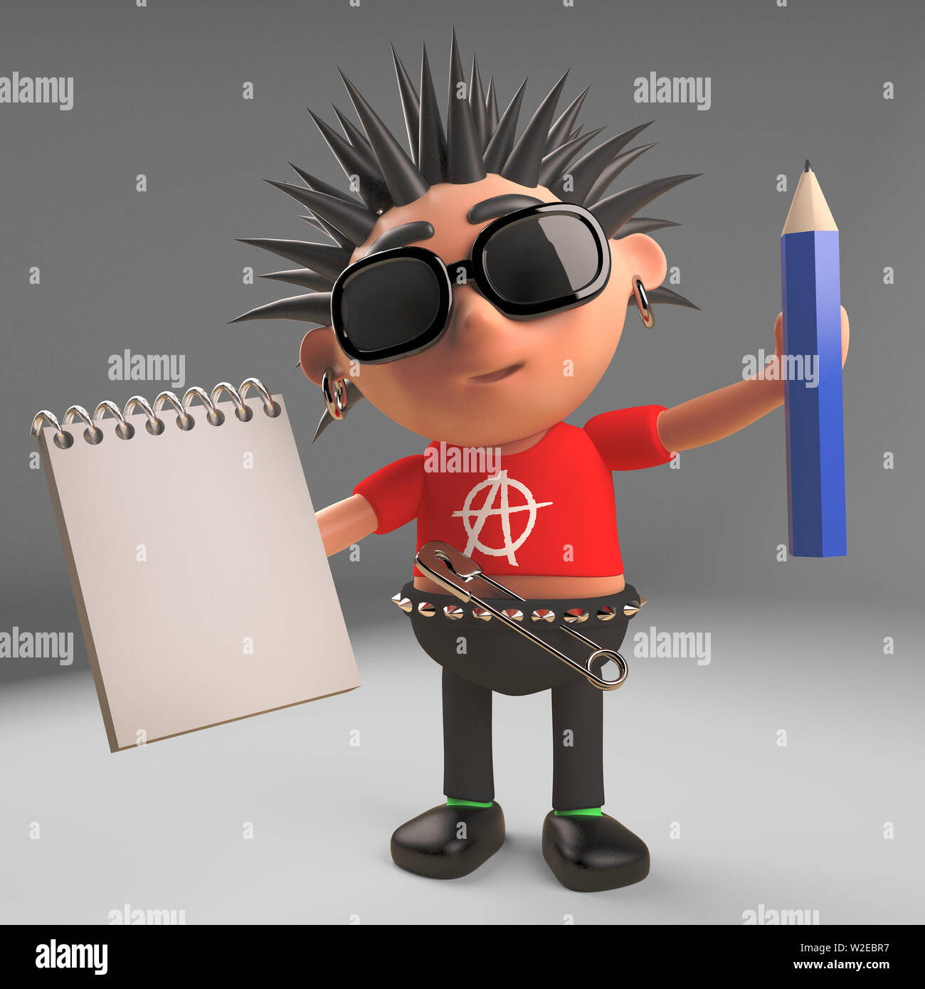Vicious punk rocker is organised and uses a notepad and pencil, 3d ...