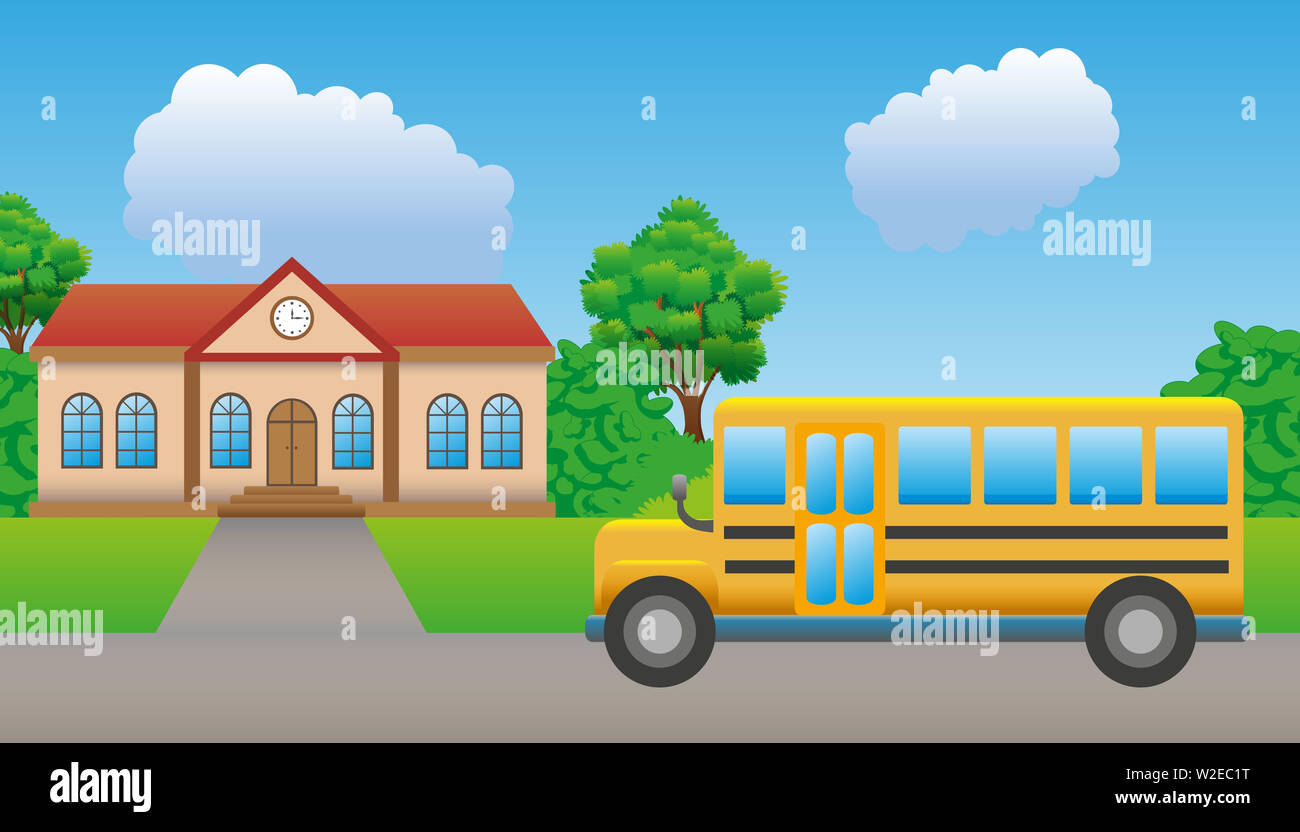 School landscape with bus arriving at school Stock Photo - Alamy