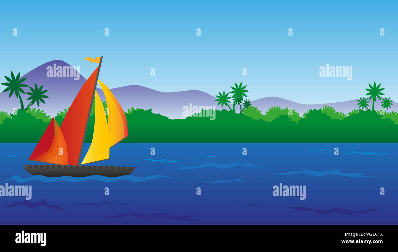 Lake landscape with sailboat floating Stock Photo - Alamy