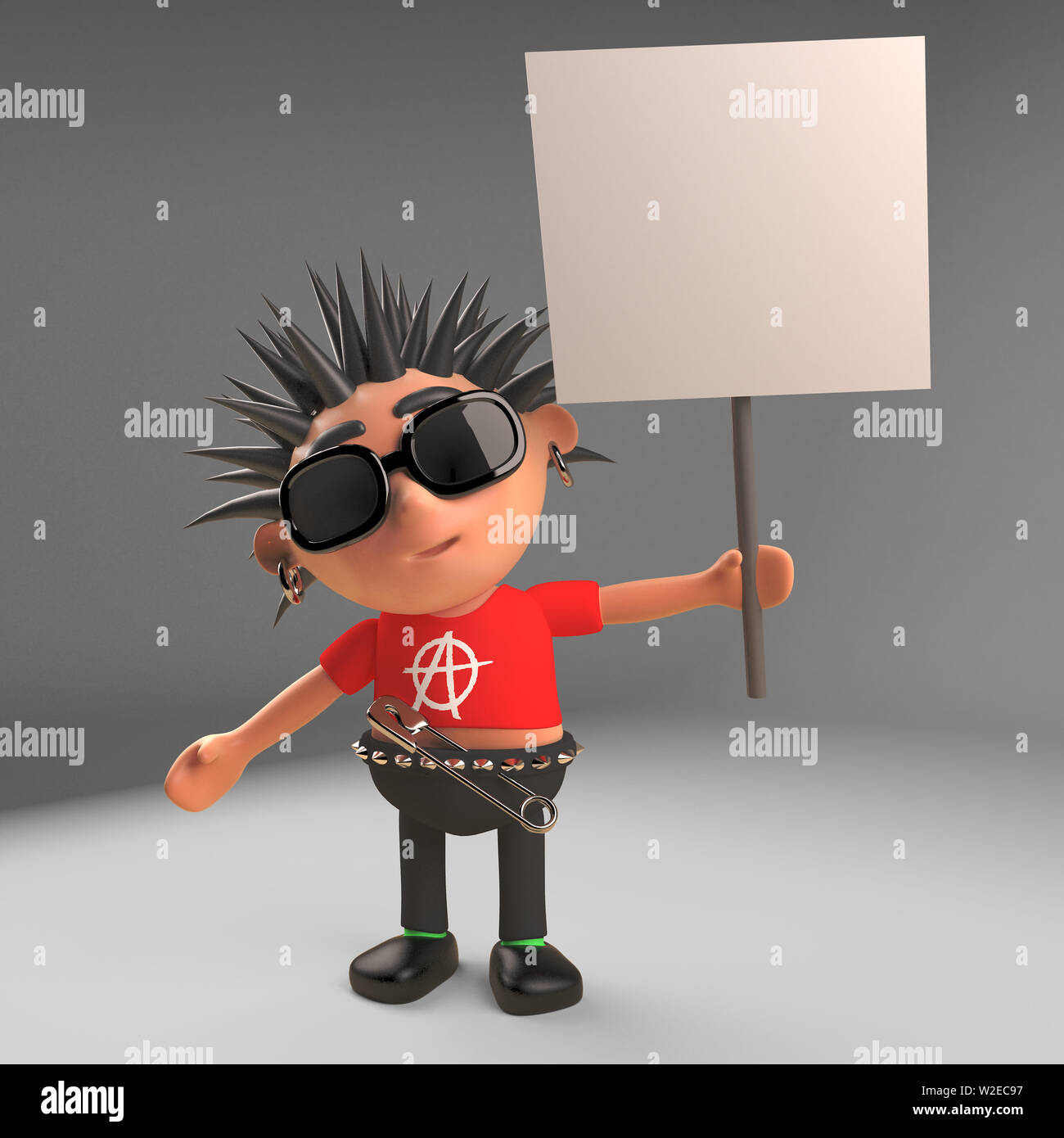 Protesting punk rocker character holding a blank placard, 3d ...