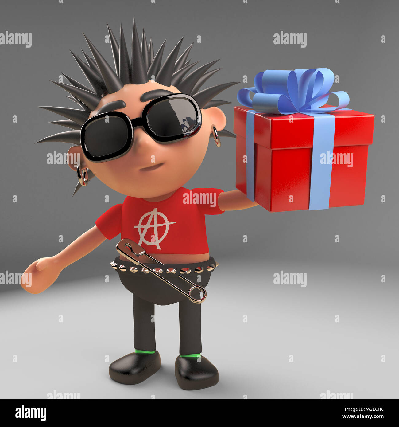 Happy punk rocker character has a gift wrapped present, 3d illustration ...