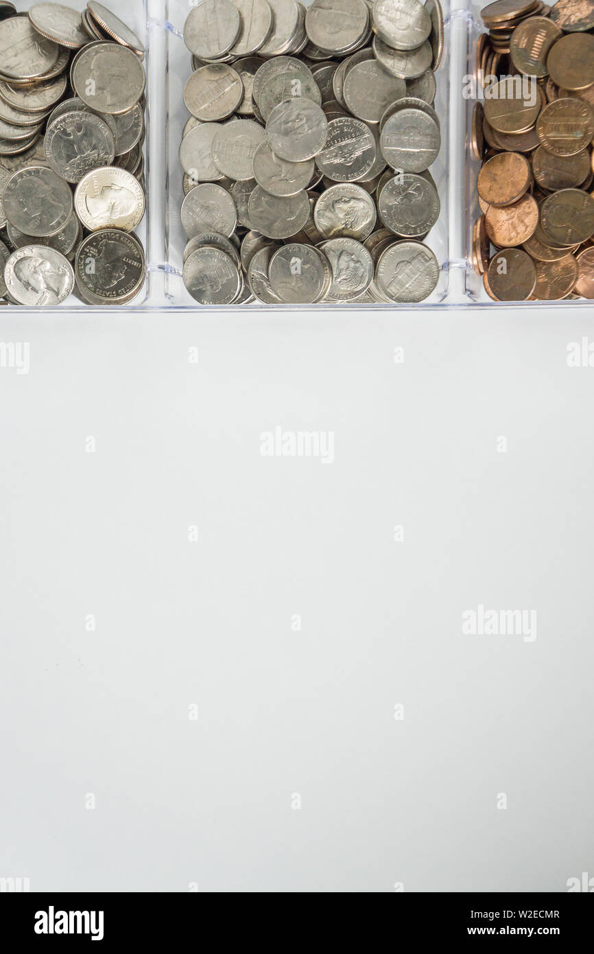 Isolated organized loose coin change on top side, white background ...