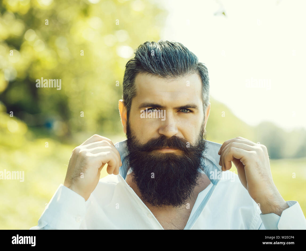 Handsome young stylish hipster man with long beard in white shirt ...