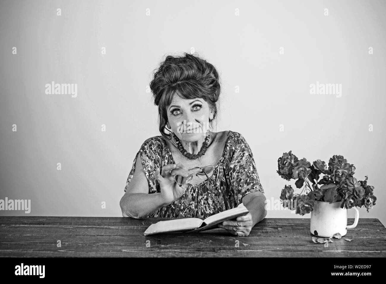 Writer and poet, granny read fairytale. happy old lady or grandmother ...