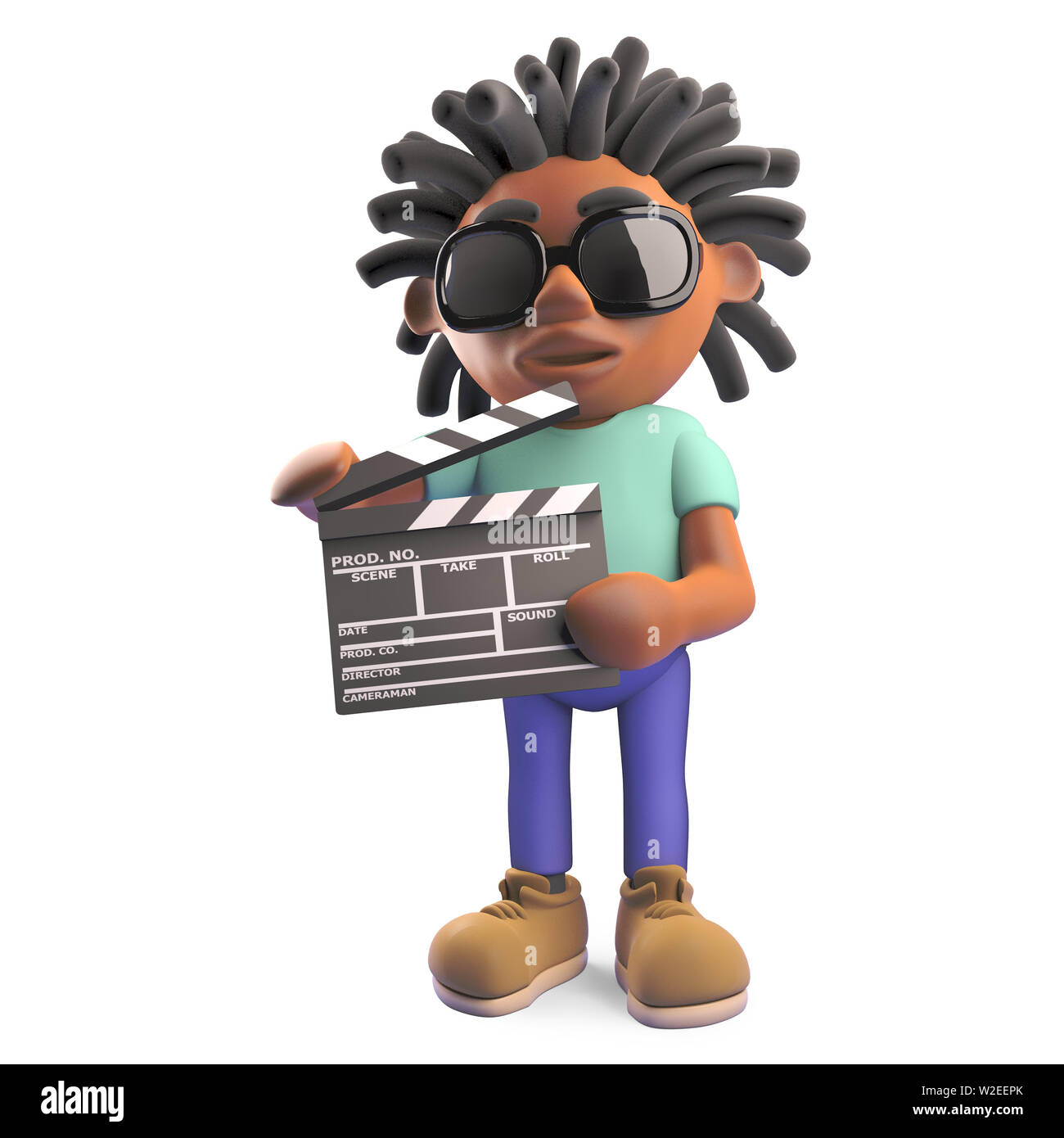 Black man with dreadlocks making a movie holding a film slate, 3d ...