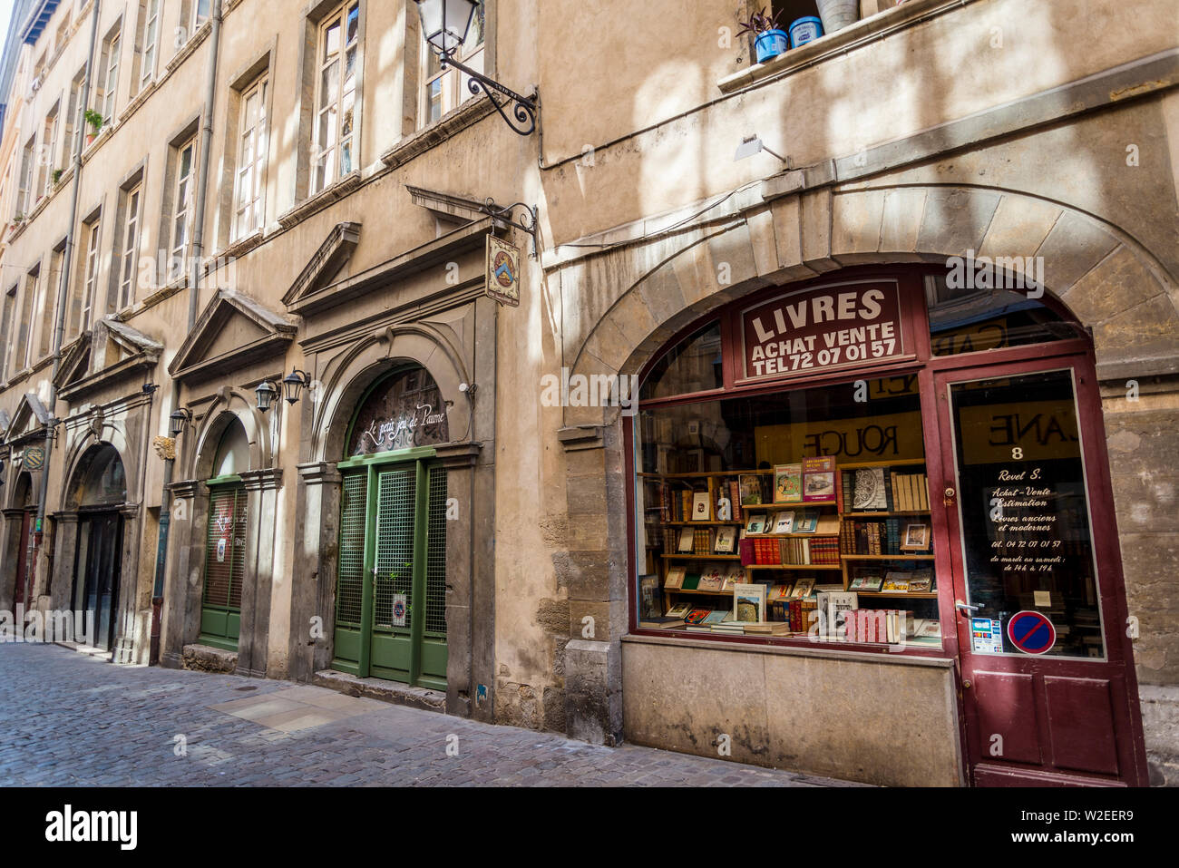 Rue Juiverie, an atmospheric street in Vieux Lyon or Old Lyon, one of ...