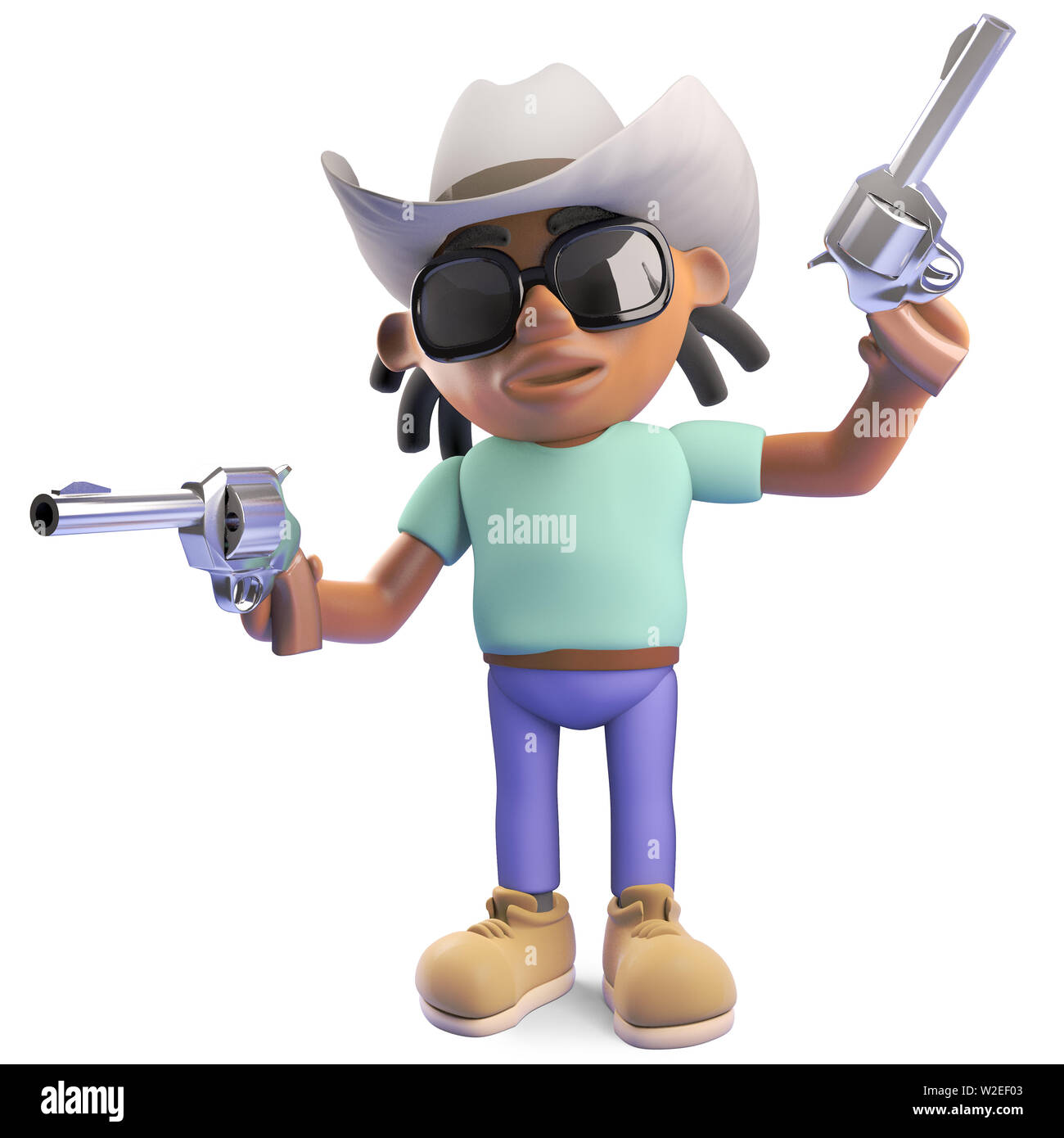 Cowboy black man with dreadlocks firing his pistols, 3d illustration ...
