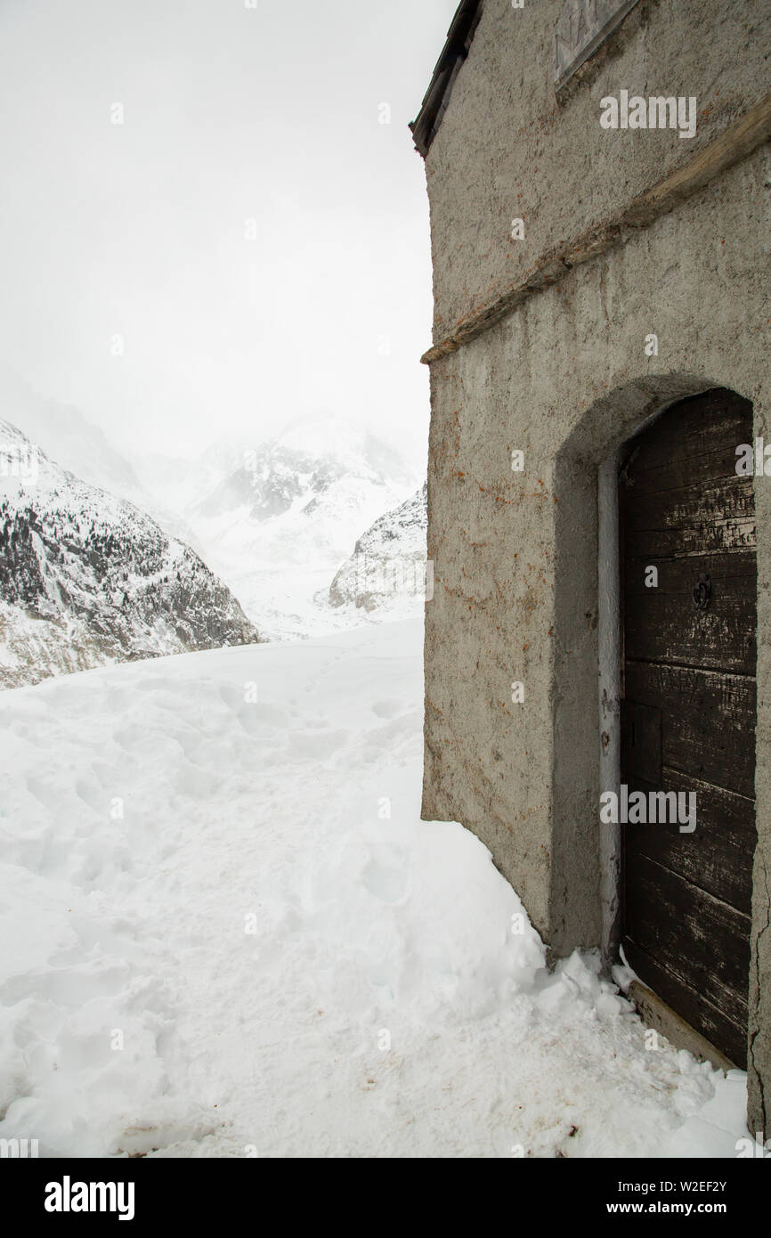 Alpine shelter in Mer de Glace valley under Mont Blanc massif in French ...
