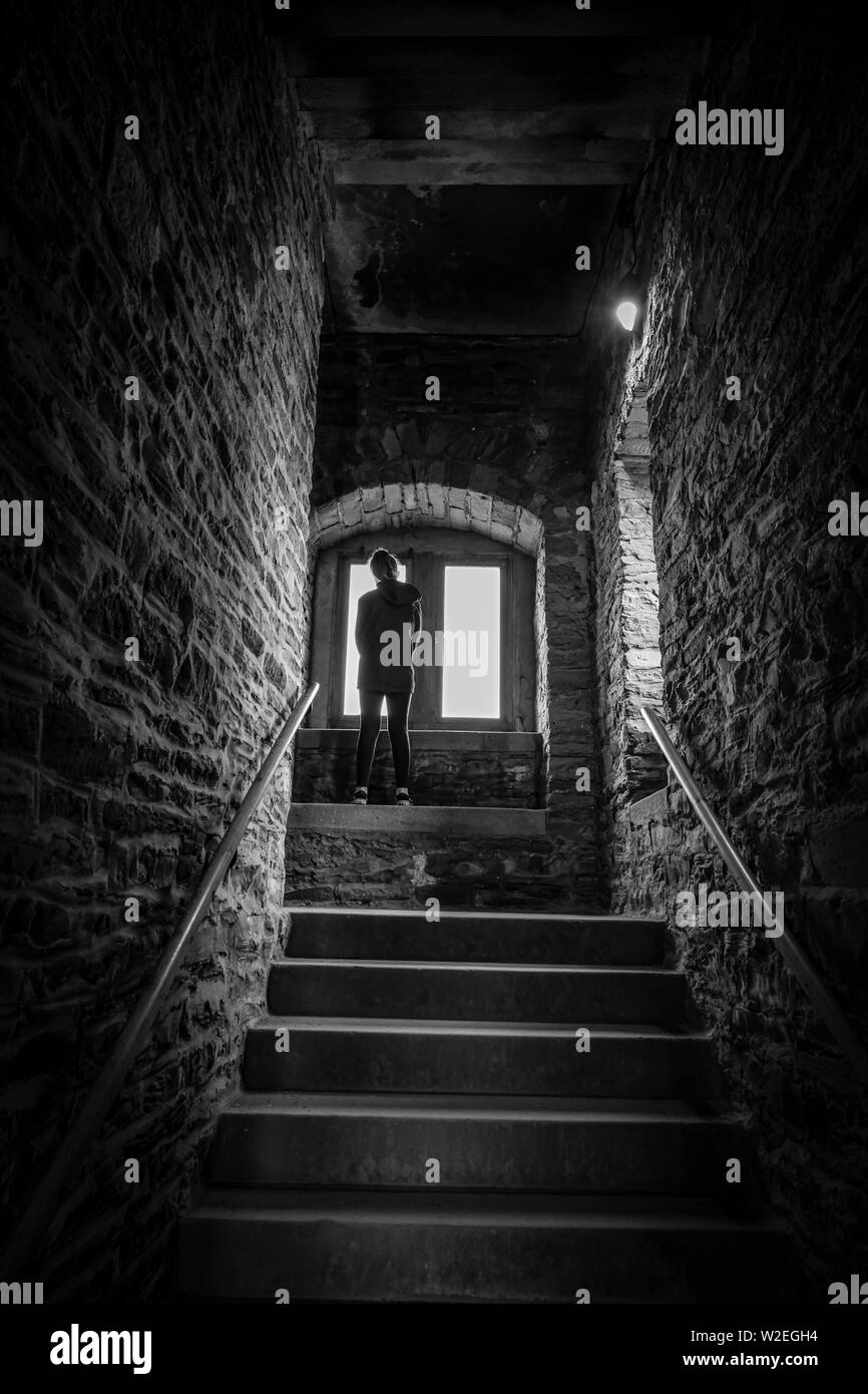 Girl inside Victoria Tower, Castle Hill, Huddersfield, West Yorkshire ...
