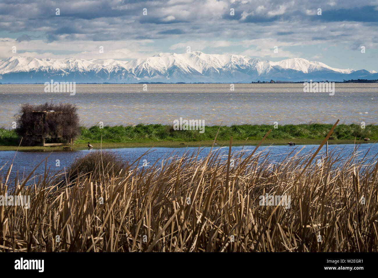 Southern Alps mountains in New Zealand viewed from Banks Peninsula ...