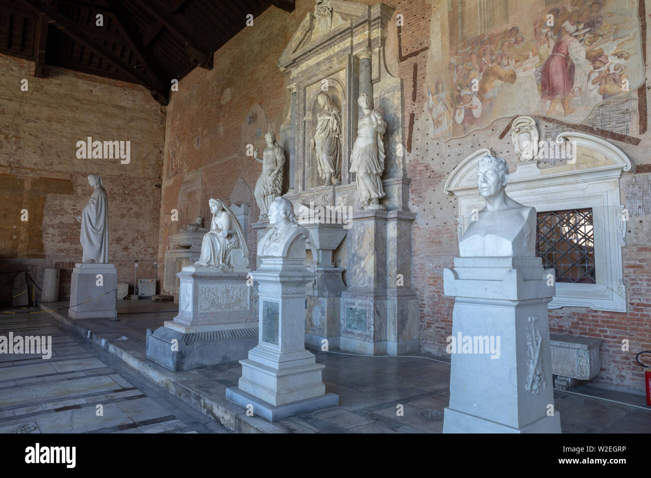 Pisa, Italy - June 29, 2018: Panoramic view of interior of Campo Santo ...