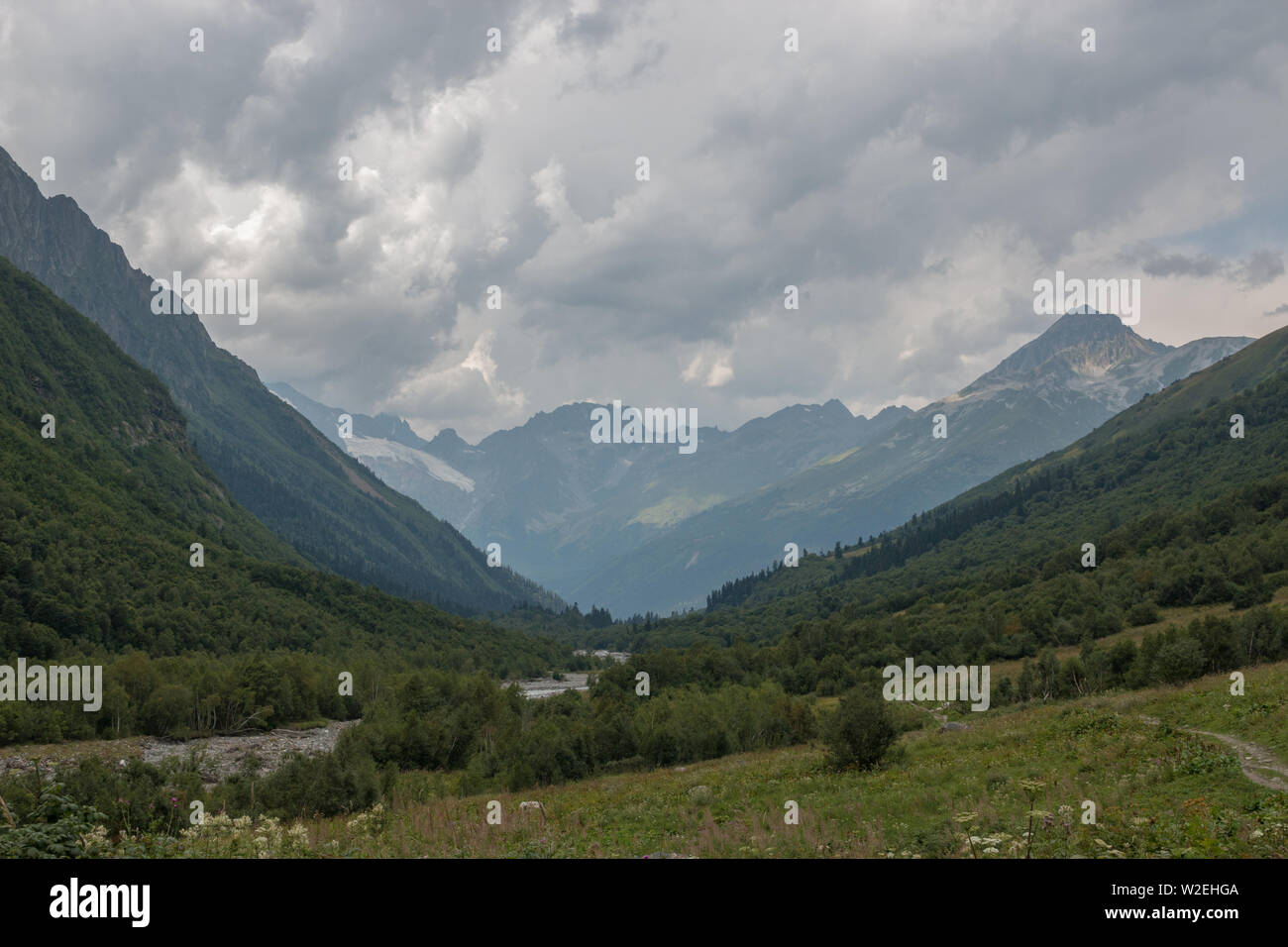 Panorama view on mountains with river scene in national park of Dombay ...