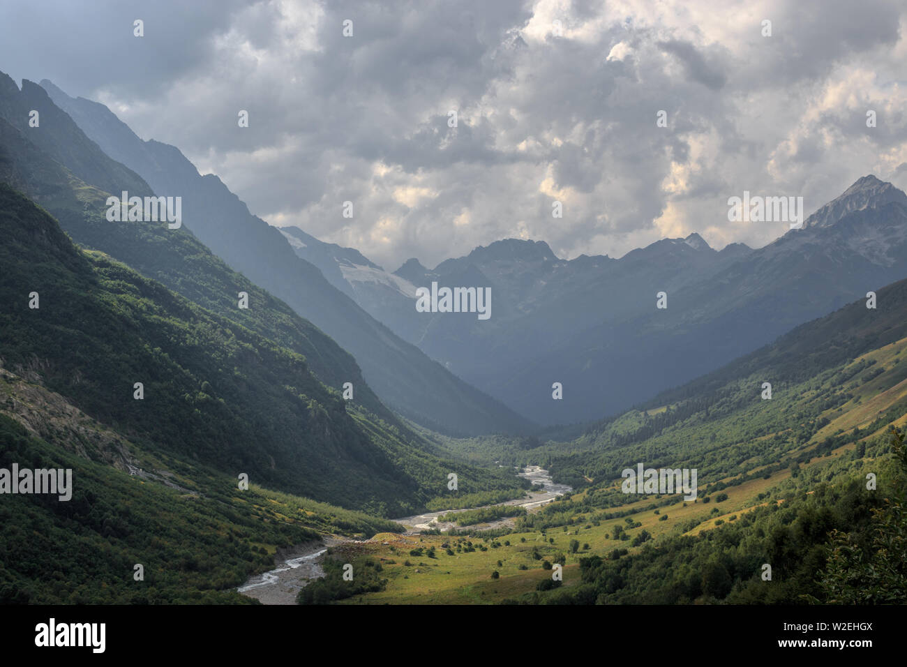 Panorama view on mountains with river scene in national park of Dombay ...