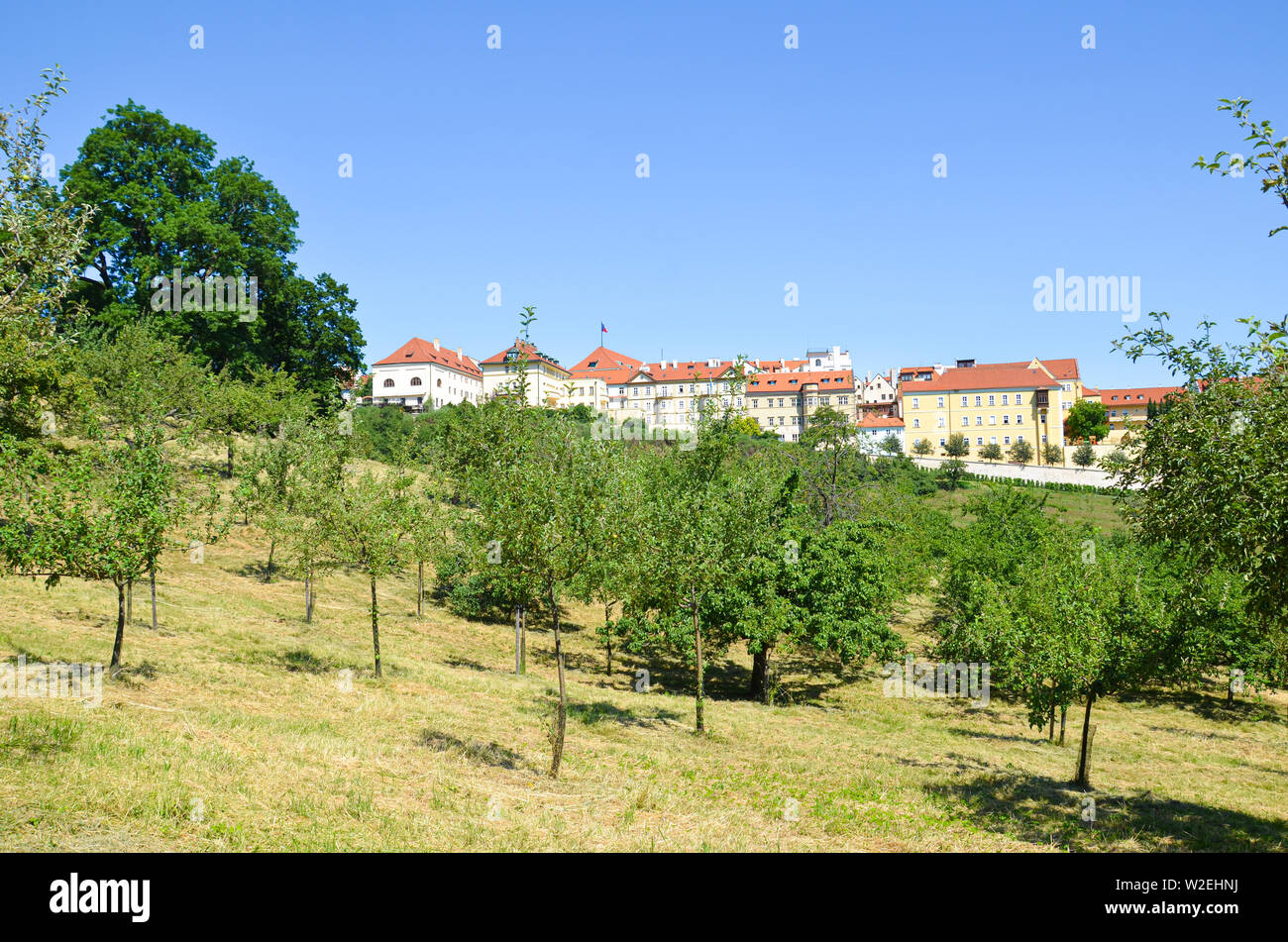 Green gardens on hill Petrin in the old town of Prague, Czech Republic ...