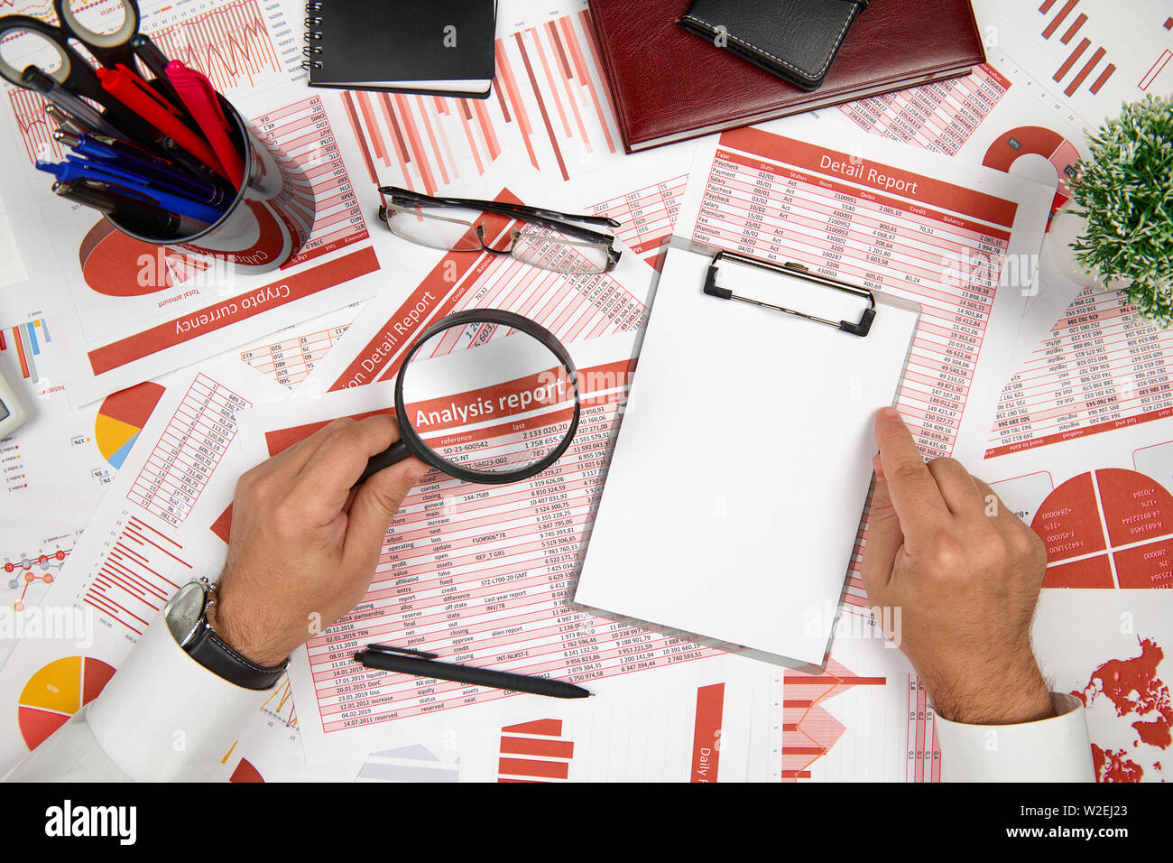 Business reports, blank paper sheet, data tables and charts - directly ...