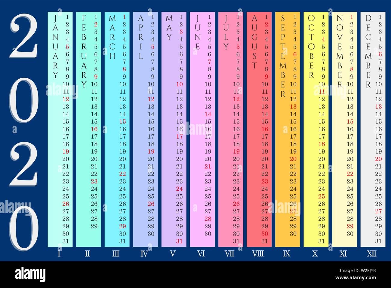Multi-colored wall calendar 2020 with vertical months on navy blue ...