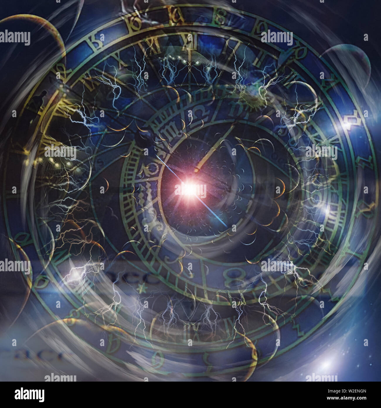Ancient zodiac clock and shining star. Wheels of time Stock Photo - Alamy