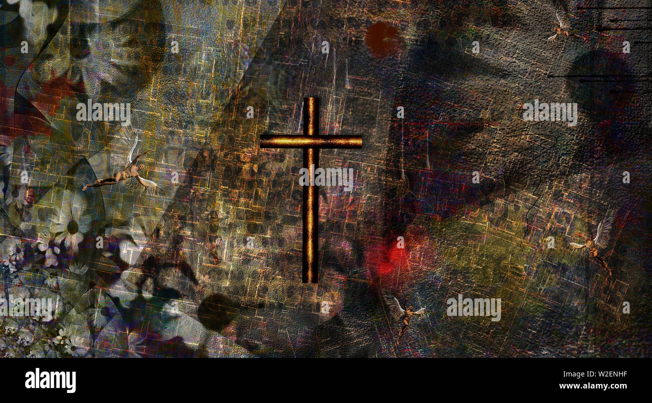 Spiritual dark art composition. Skull, cross and winged angel Stock ...