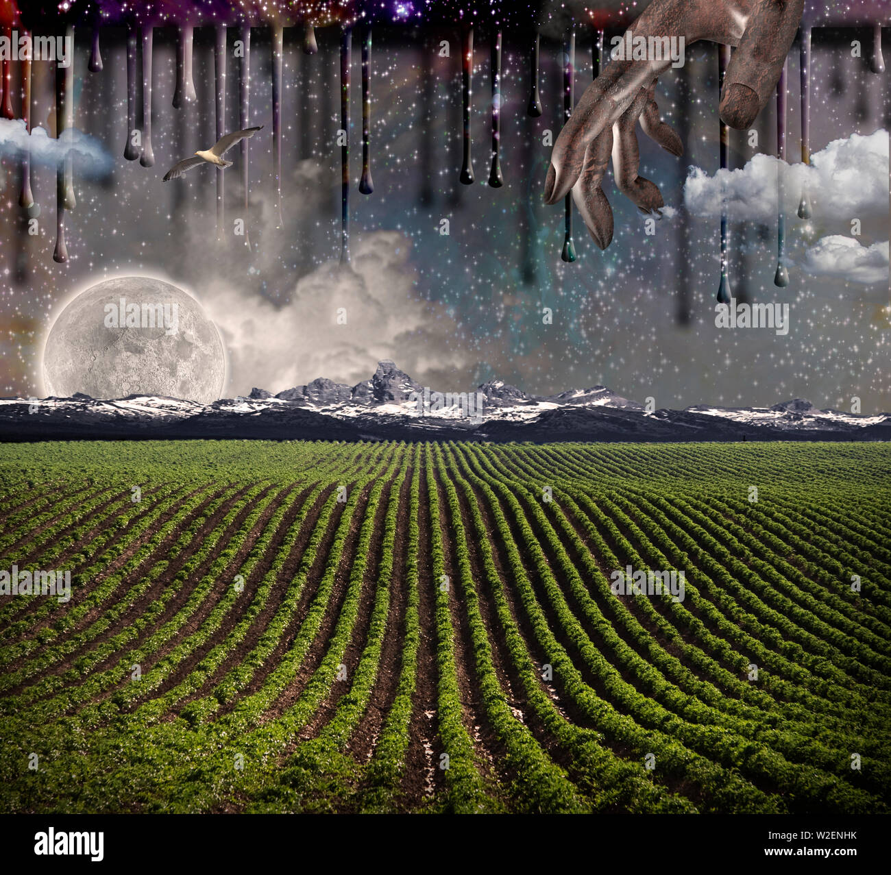 Surrealism. Field with green rows. Giant moon rises over the mountains ...