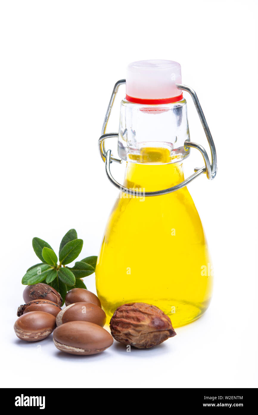 Skin and hair care product, natural argan oil in bottle and argan nuts ...