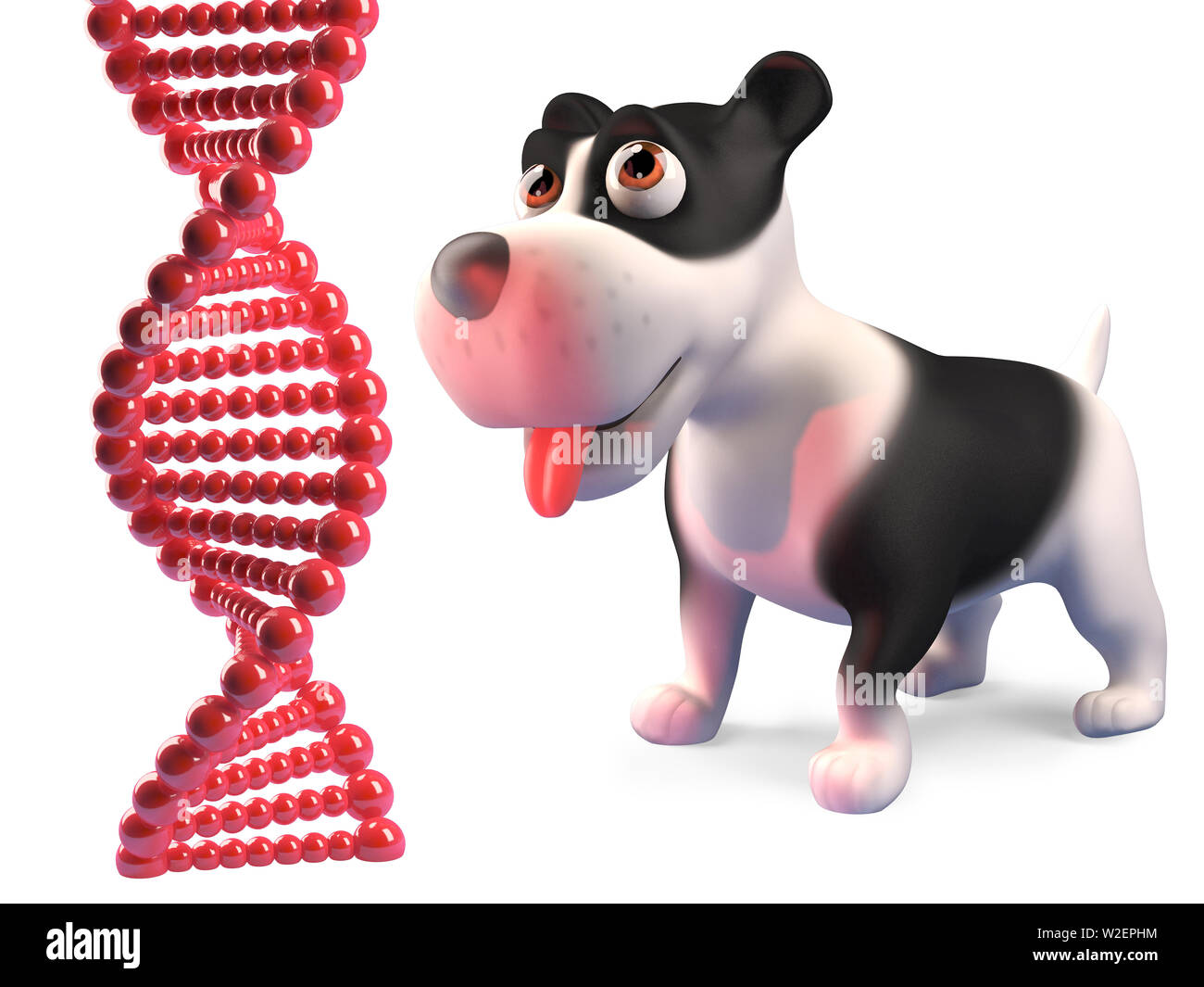 Entranced puppy dog stares at a strand of DNA, 3d render illustration ...