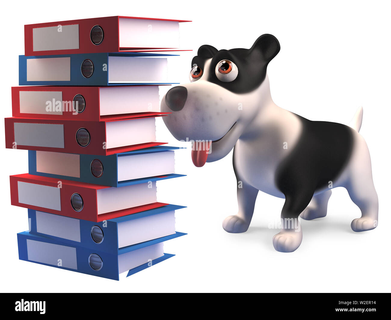 Cute cartoon puppy dog looking at a huge stack of folders and files, 3d ...