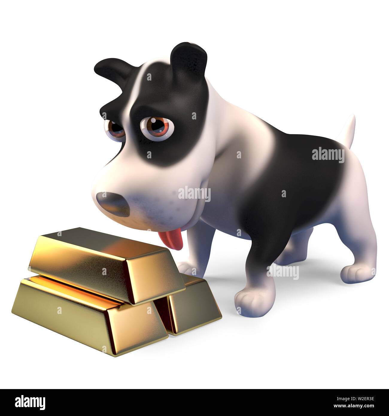 Rich puppy dog with a stack of gold bullion ingot bars, 3d illustration ...