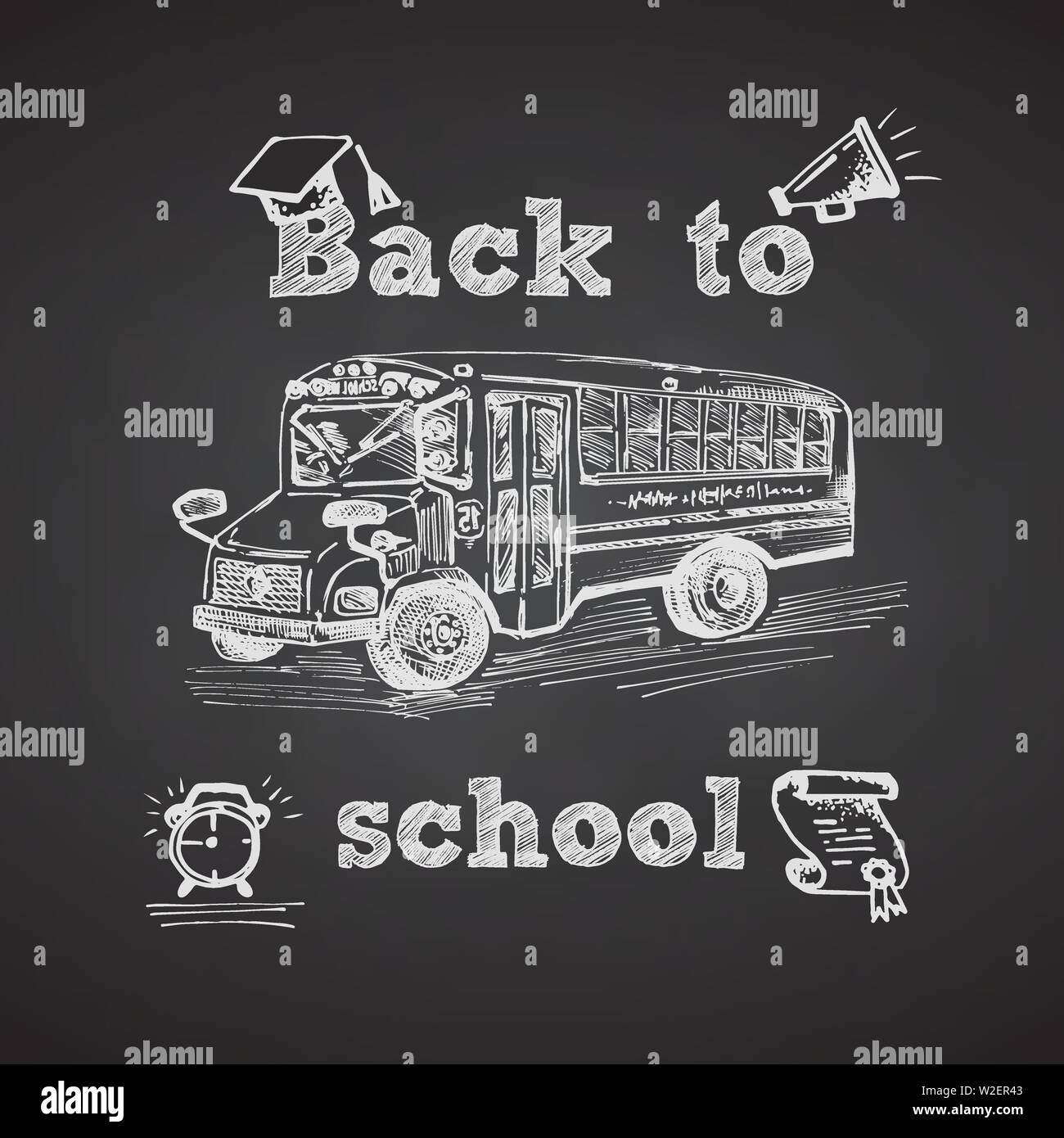 Hand drawn school bus symbol on black chalkboard. With text Back to ... Hand drawn school bus symbol on black chalkboard. With text Back to ...