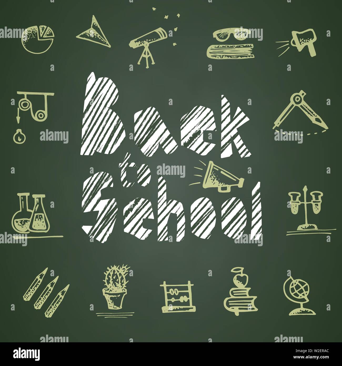 Hand drawn school symbol on green chalkboard. With text Back to school ... Hand drawn school symbol on green chalkboard. With text Back to school ...
