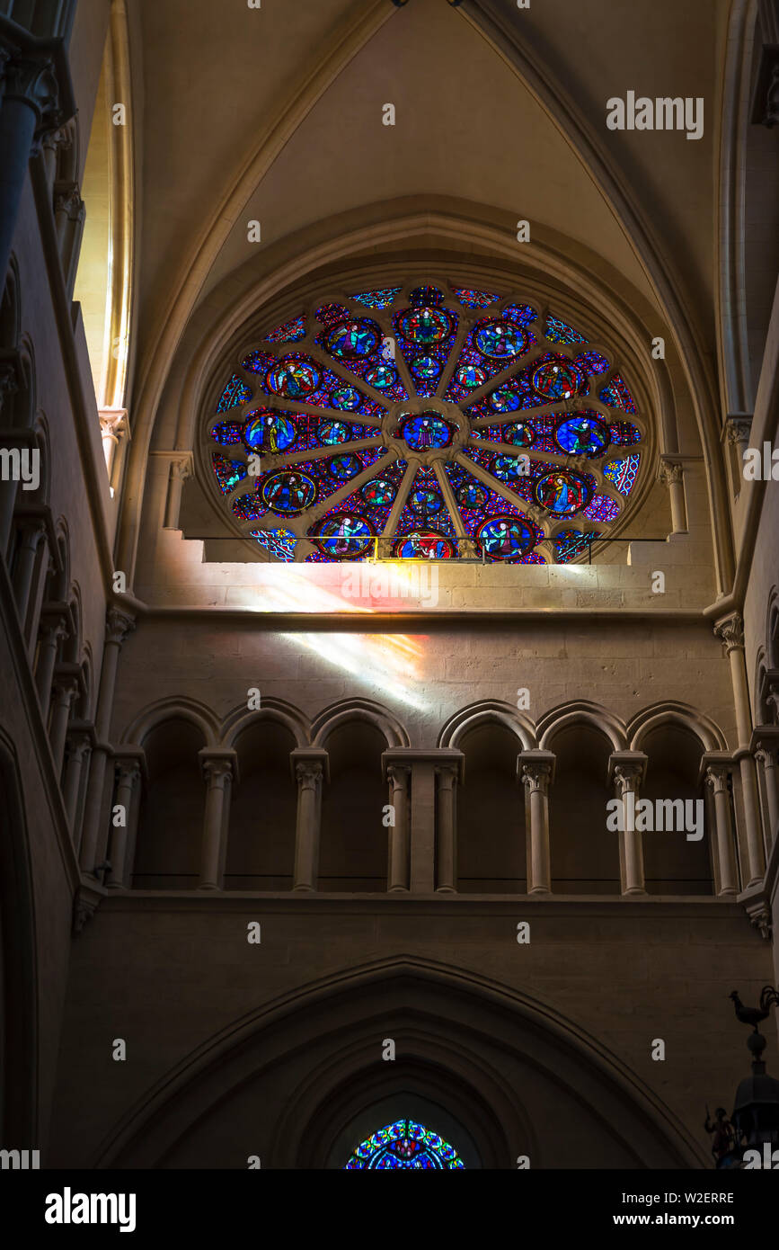 Rose window in the transept of the Lyon Cathedral, The cathedral is ...