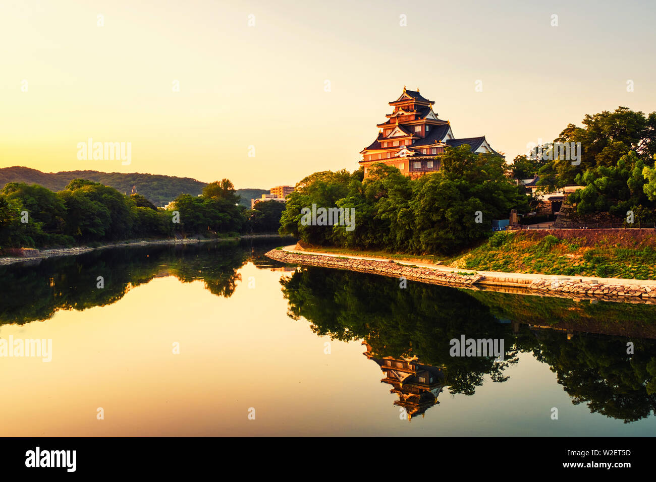 Okayama, Japan. Castle in Okayama, Japan in the morning with river and ...