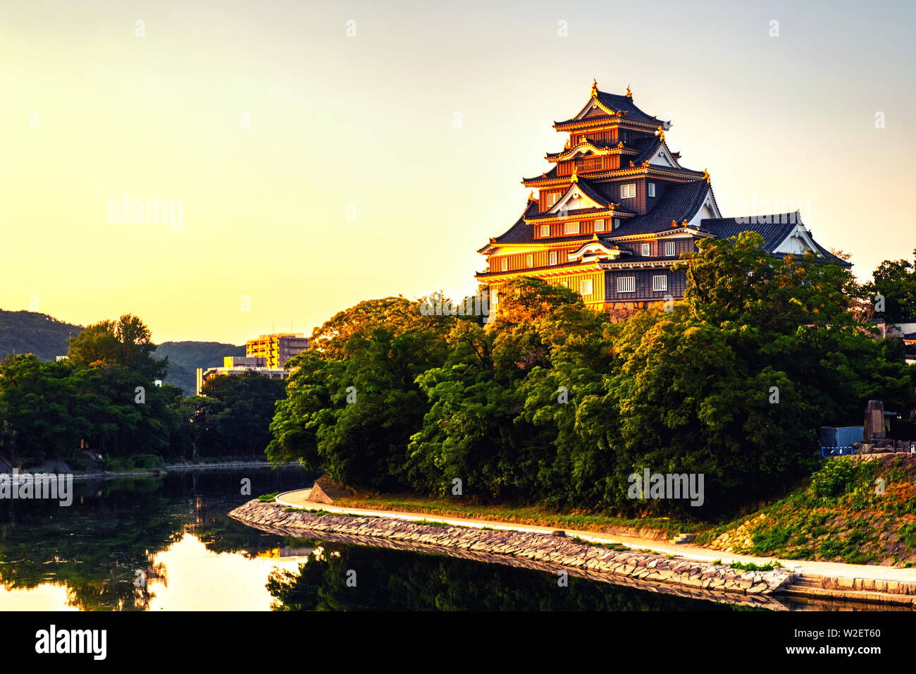 Okayama, Japan. Castle in Okayama, Japan in the morning with river and ...
