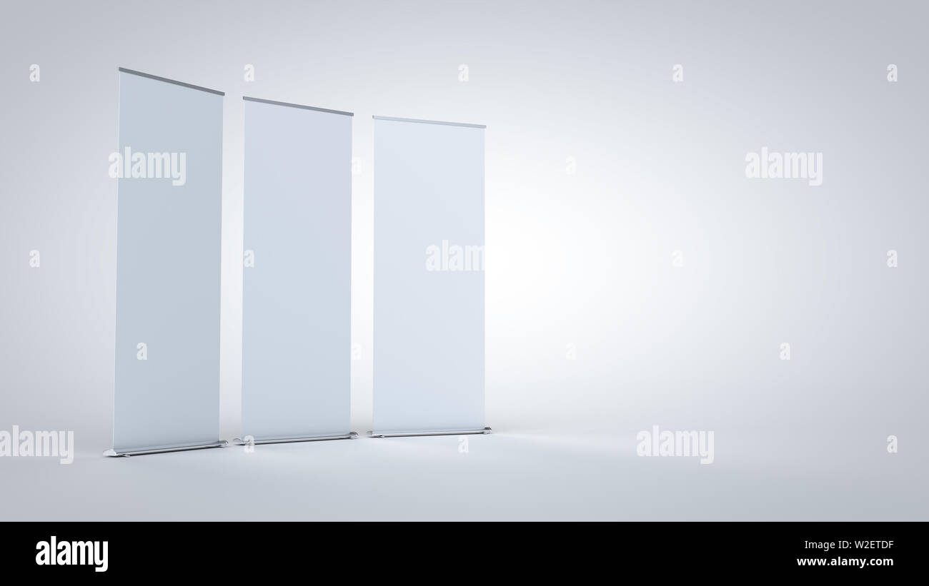 Rollup banners with white canvas, standee 3D rendered mockup, for ...