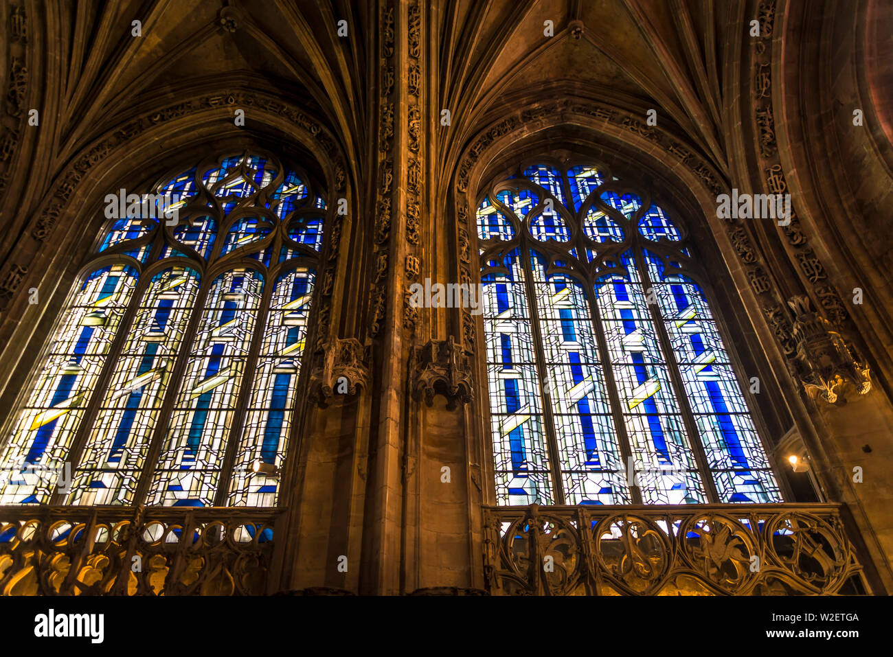 Modern design stained glass window in the Lyon Cathedral. The cathedral ...
