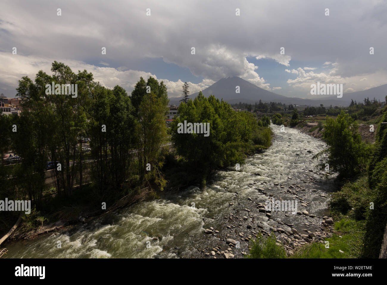 View of the Quilca river and the Misti volcano in Arequipa Stock Photo ...