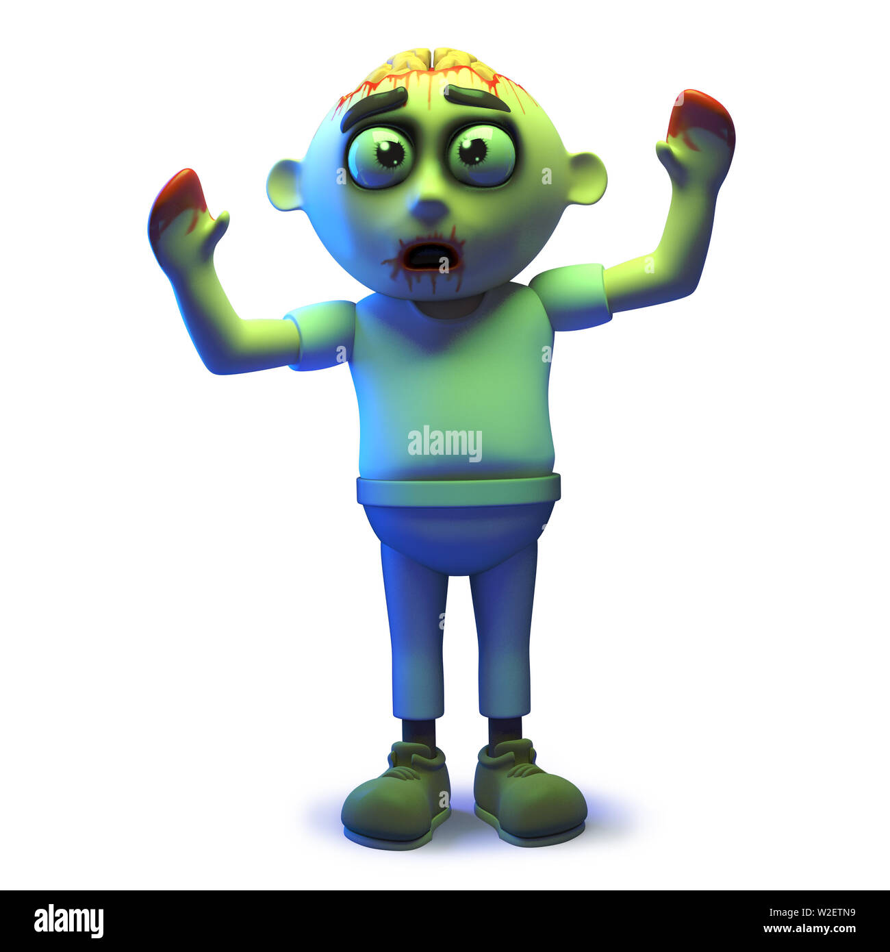 Rendered image of a cartoon scarey undead zombie in 3d waving his arms ...