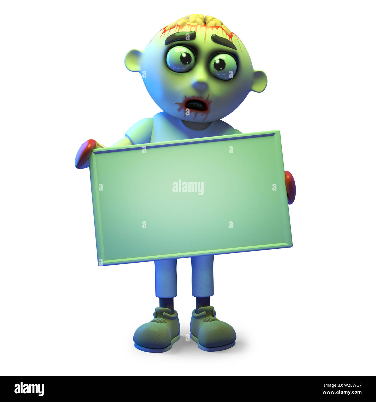 Funny undead zombie monster holding a blank banner, 3d illustration ...
