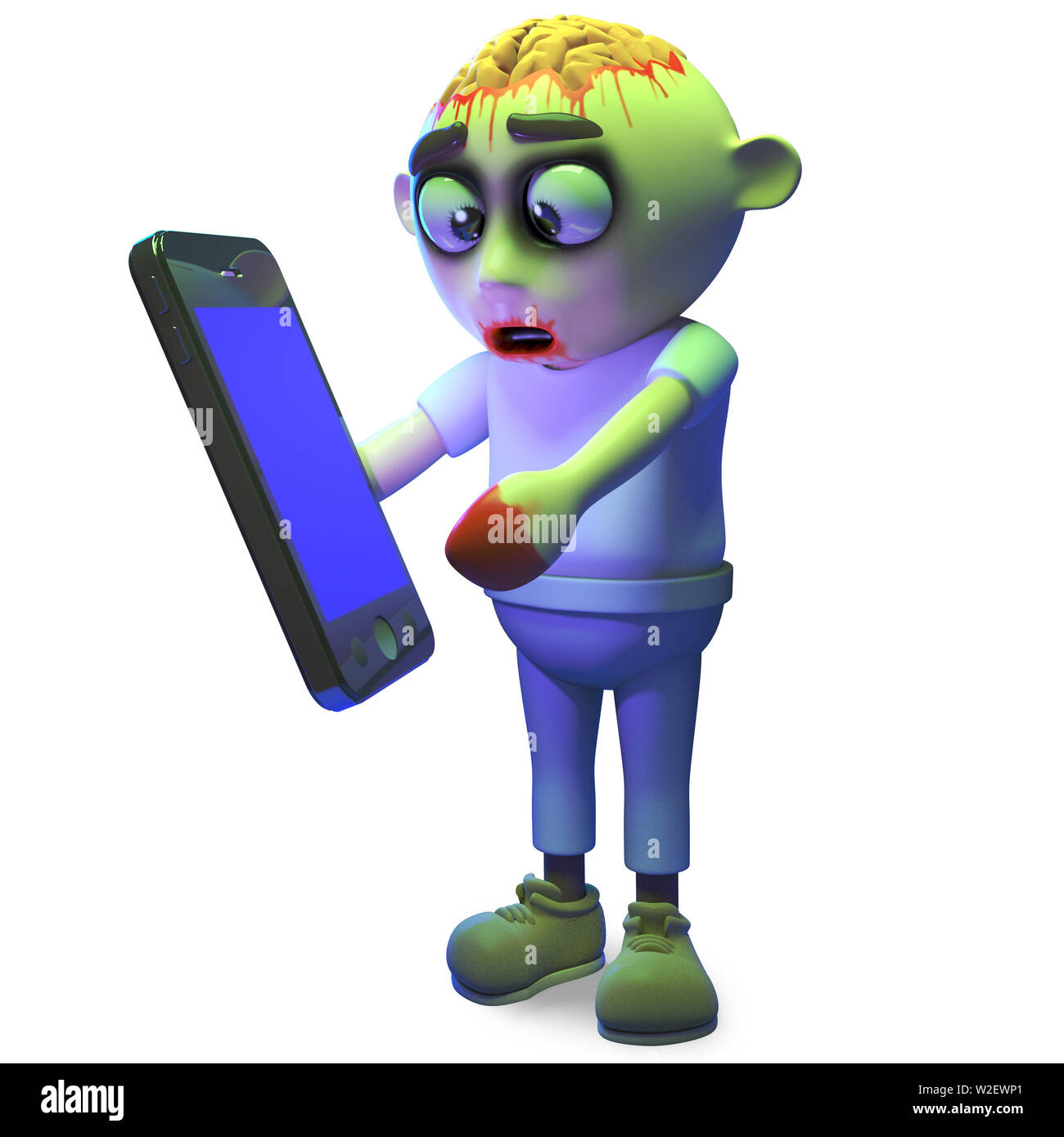 Funny undead zombie monster plays with his new smartphone tablet device ...