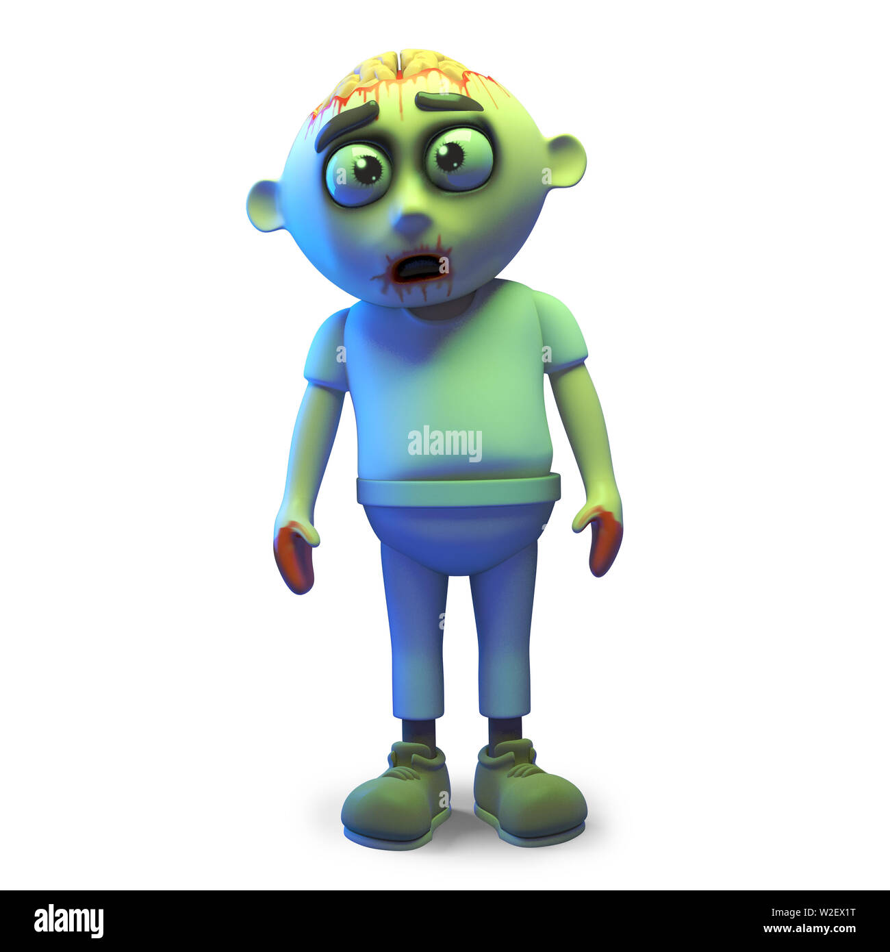 Funny cartoon undead zombie monster stands forlornly, 3d illustration ...