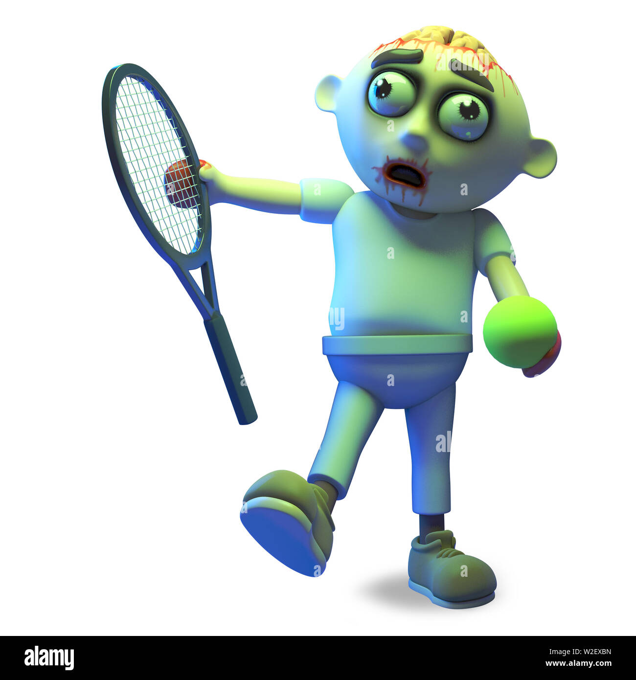 Athletic zombie monster is about to serve in a game of tennis, 3d ...