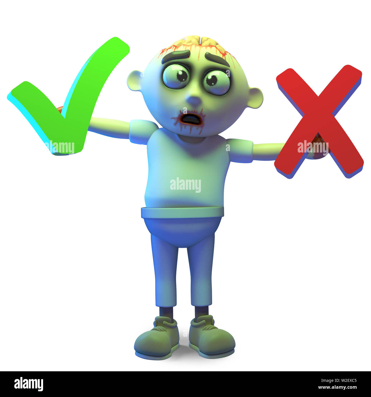 Right or wrong says tick or cross zombie monster, 3d illustration ...