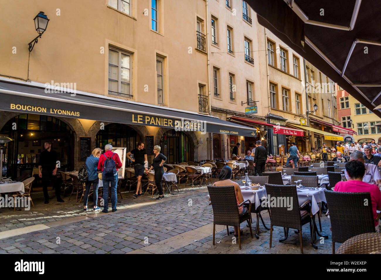 Busy atmospheric street in Vieux Lyon or Old Lyon, one of Europe’s most ...