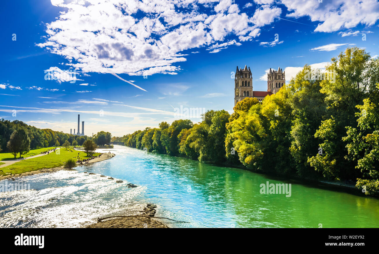 View on summer landscape by St. Maximilian church and Isar in Munich ...