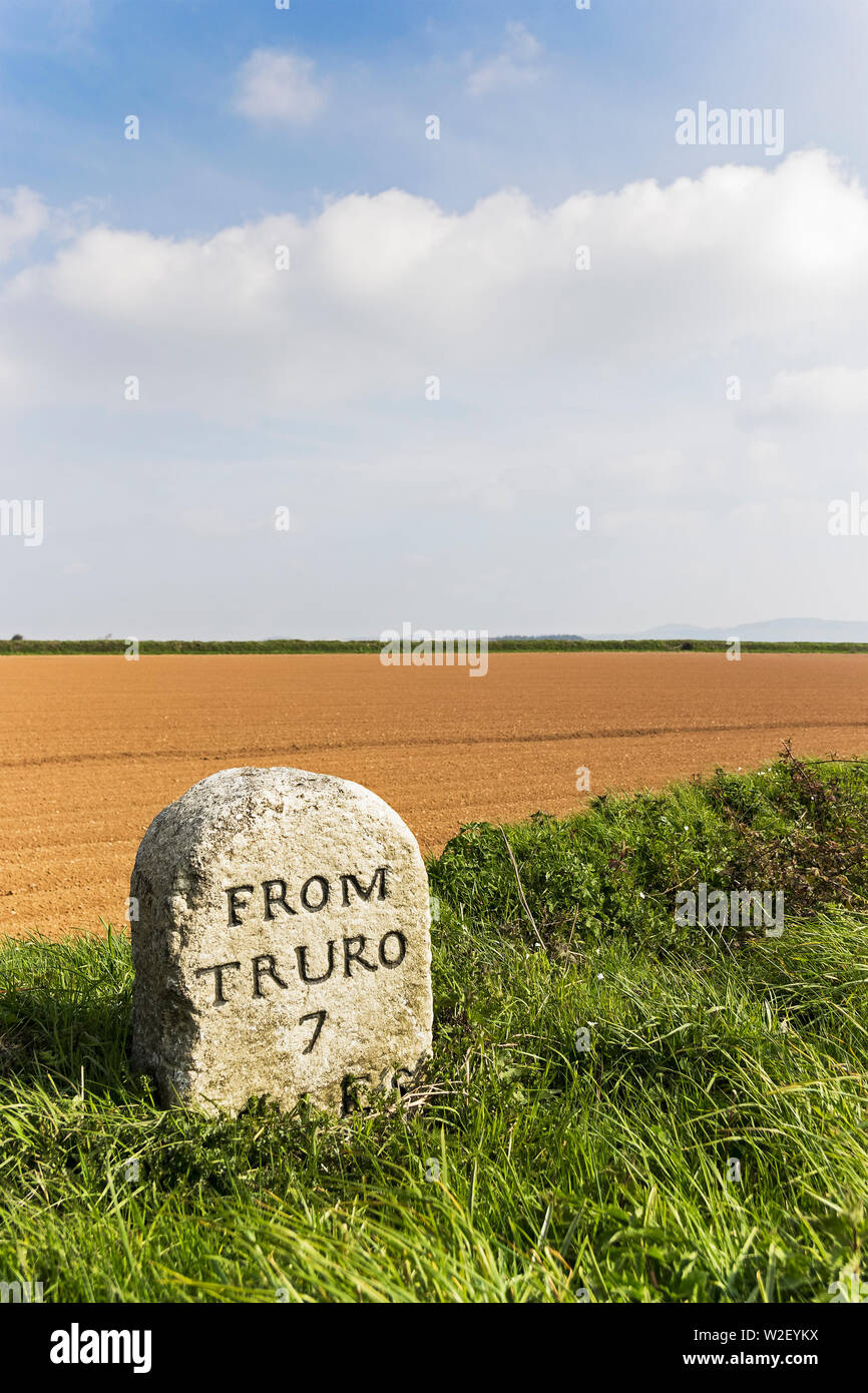 Milestone in the Cornish countryside showing distance from Truro, UK ...