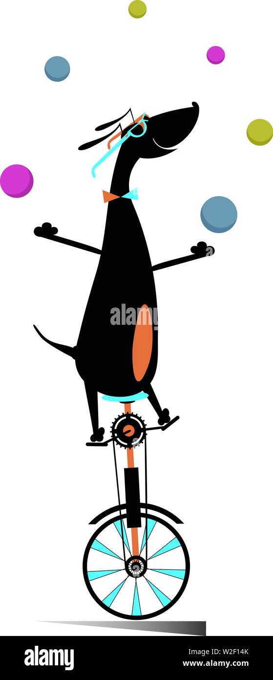 Funny dog rides on unicycle and juggles the balls illustration ...
