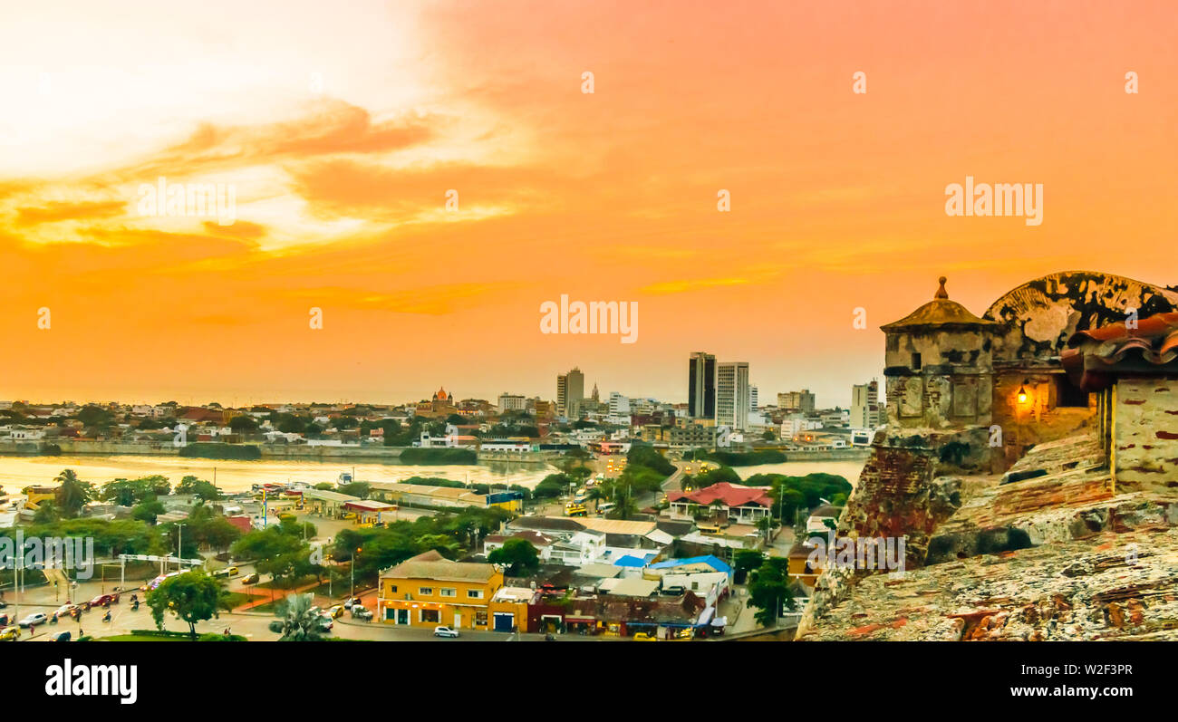 Sunset view over cityscape of Cartagena from fortress San Felipe ...