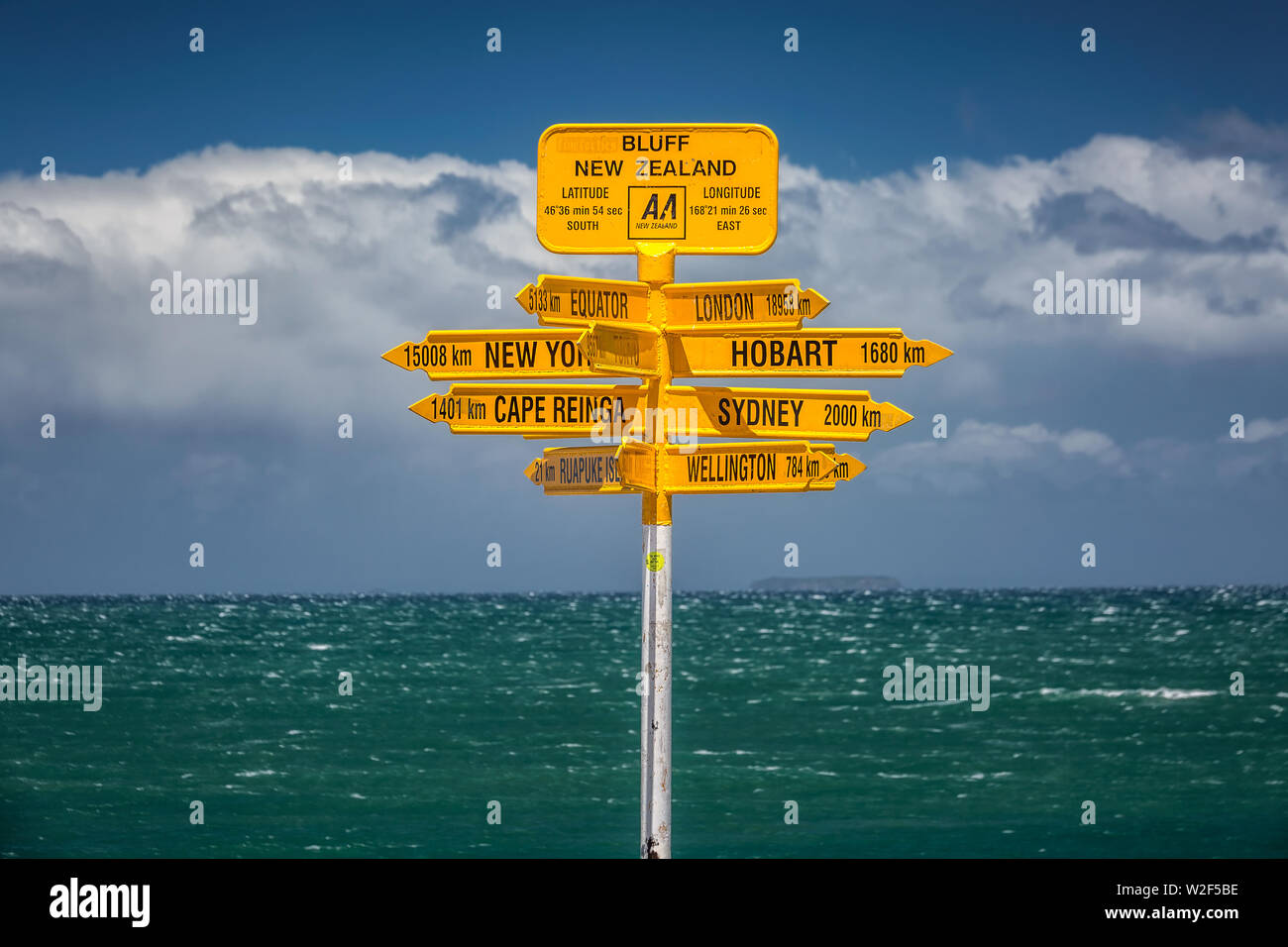 The world's southernmost signpost in Bluff, South Island, New Zealand ...