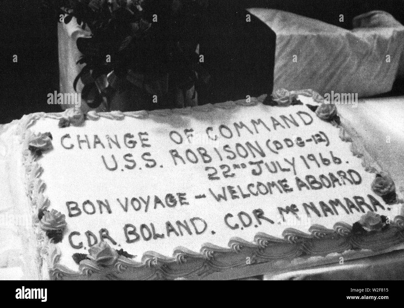 Change of Command cake aboard USS Robison (DDG-12) on 22 July 1966 ...